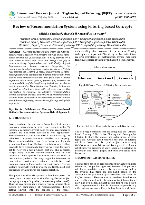 (PDF) IRJET- Review of Recommendation System using Filtering based ...