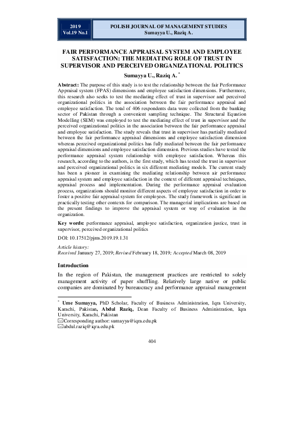 (PDF) FAIR PERFORMANCE APPRAISAL SYSTEM AND EMPLOYEE SATISFACTION: THE ...