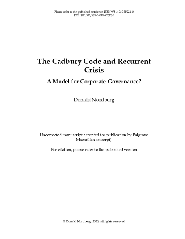 (PDF) The Cadbury Code and Recurrent Crisis A Model for Corporate ...