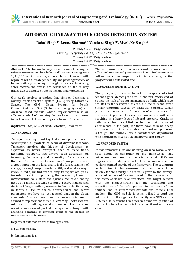 (PDF) Experimental Study of Railway Track Crack Detection Using Arduino | IRJET Journal ...