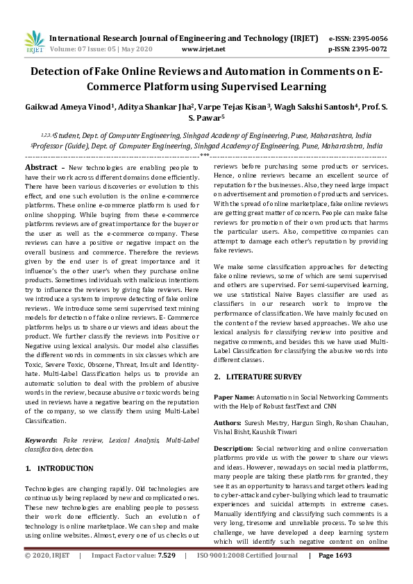 (PDF) IRJET- Detection of Fake Online Reviews and Automation in ...