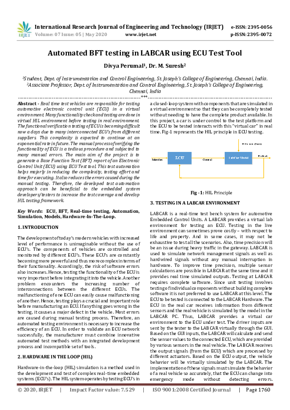 (PDF) IRJET- Automated BFT testing in LABCAR using ECU Test Tool