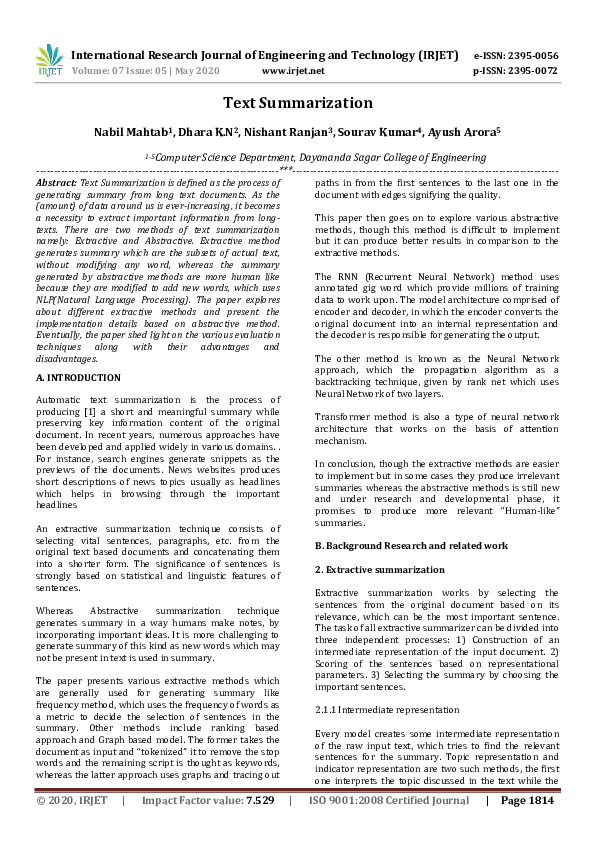 Pdf Irjet Text Summarization