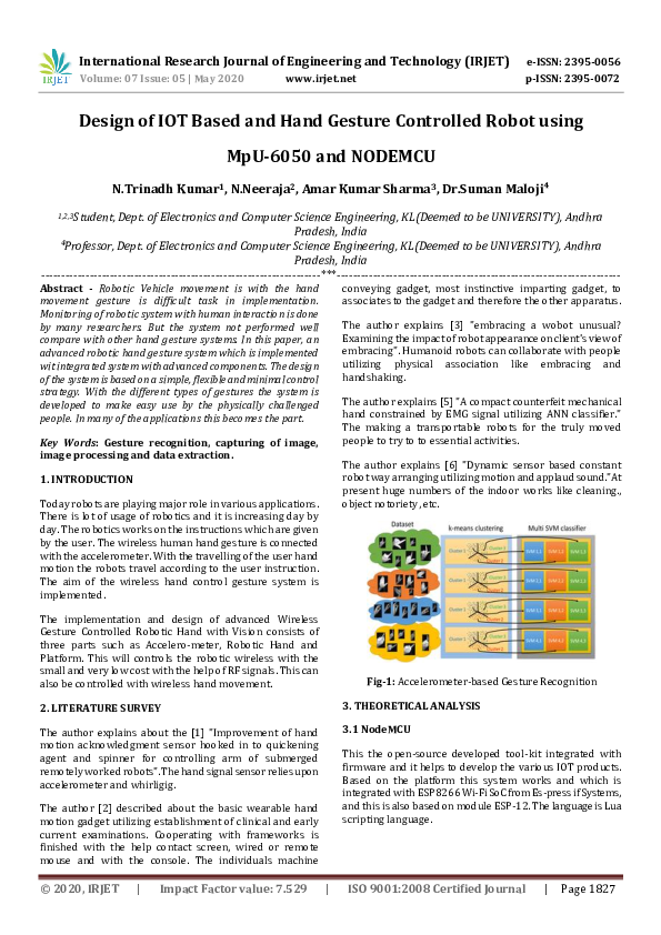 Pdf Irjet Design Of Iot Based And Hand Gesture Controlled Robot Using Mpu 6050 And Nodemcu