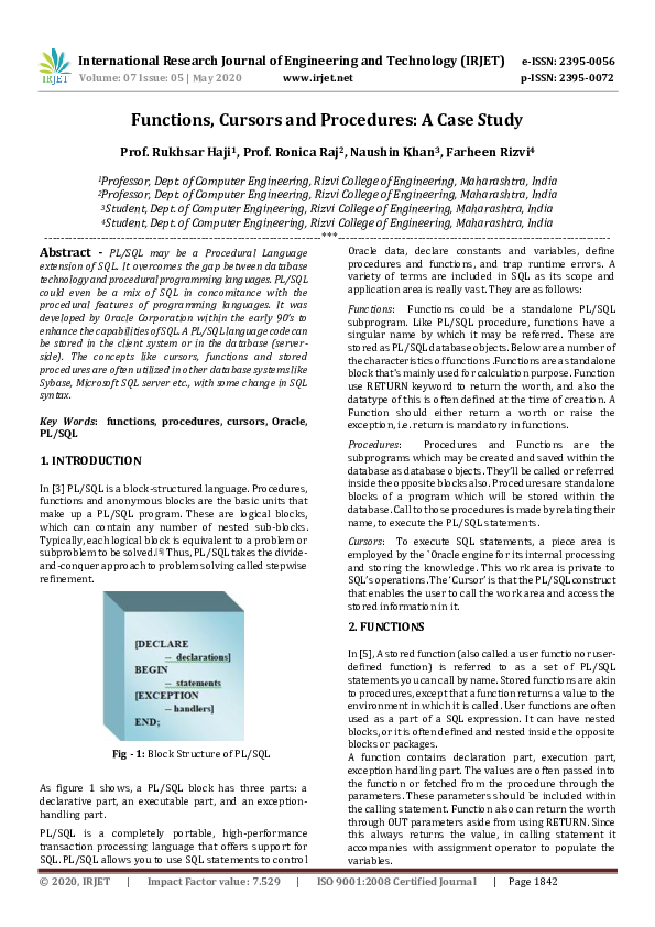 (PDF) Functions, Cursors and Procedures: A Case Study