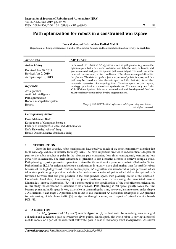(PDF) Path optimization for robots in a constrained workspace | IAES ...