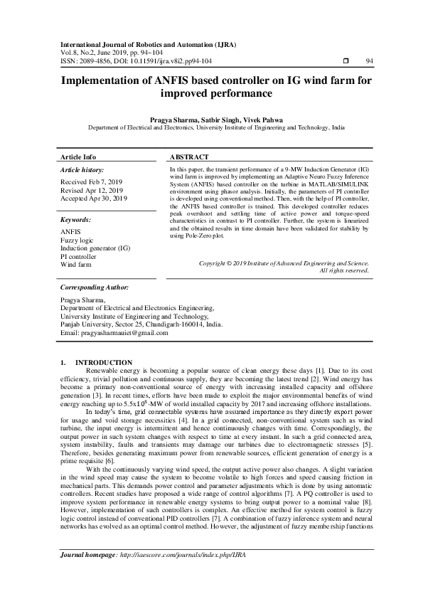 Pdf Implementation Of Anfis Based Controller On Ig Wind Farm For
