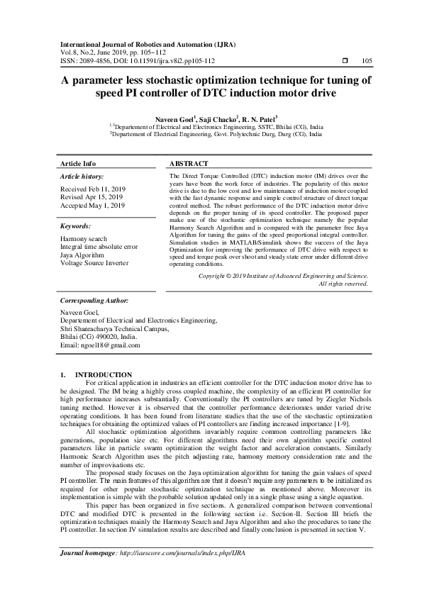 Pdf A Parameter Less Stochastic Optimization Technique For Tuning Of Speed Pi Controller Of