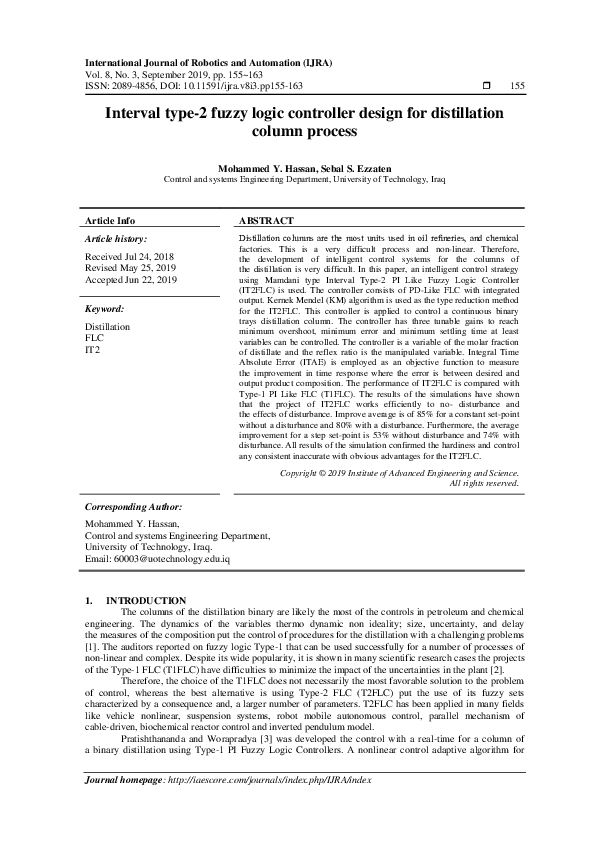 Pdf Interval Type 2 Fuzzy Logic Controller Design For Distillation Column Process