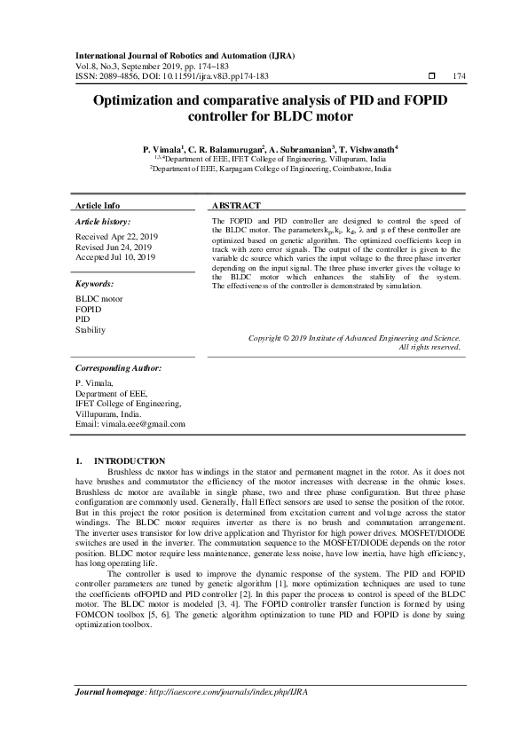 (PDF) Optimization and comparative analysis of PID and FOPID controller for BLDC motor