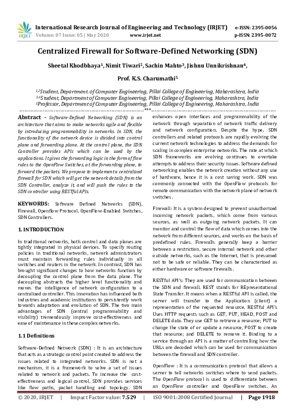 (PDF) IRJET- Centralized Firewall for Software-Defined Networking (SDN