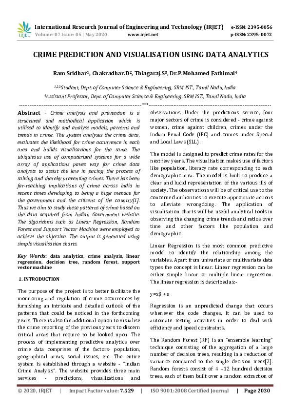 Pdf Irjet Crime Prediction And Visualisation Using Data Analytics
