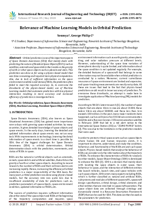 (PDF) IRJET- Relevance of Machine Learning Models in Orbital Prediction