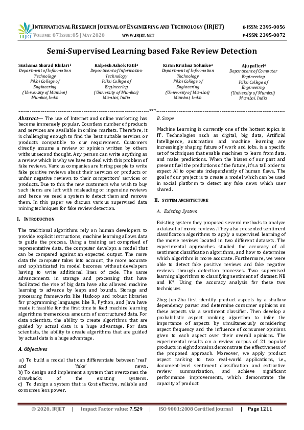 (PDF) IRJET- Semi-Supervised Learning based Fake Review Detection