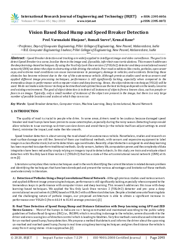 (PDF) IRJET- Vision Based Road Hump and Speed Breaker Detection
