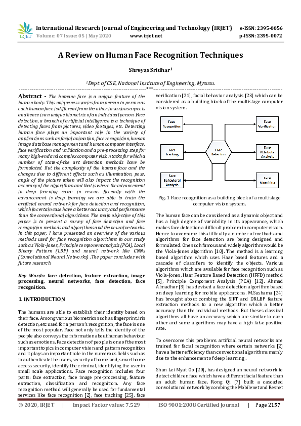 (PDF) IRJET- A Review on Human Face Recognition Techniques