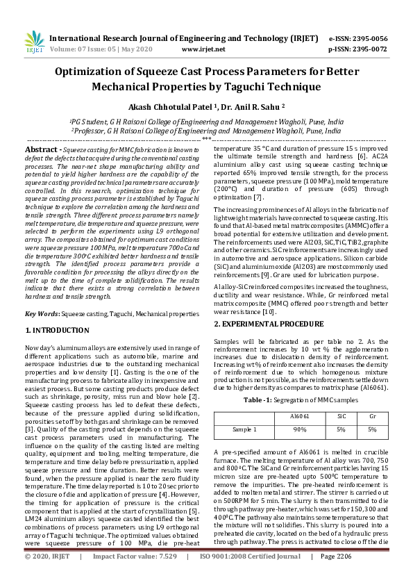 (PDF) IRJET- Optimization of Squeeze Cast Process Parameters for Better Mechanical Properties by ...