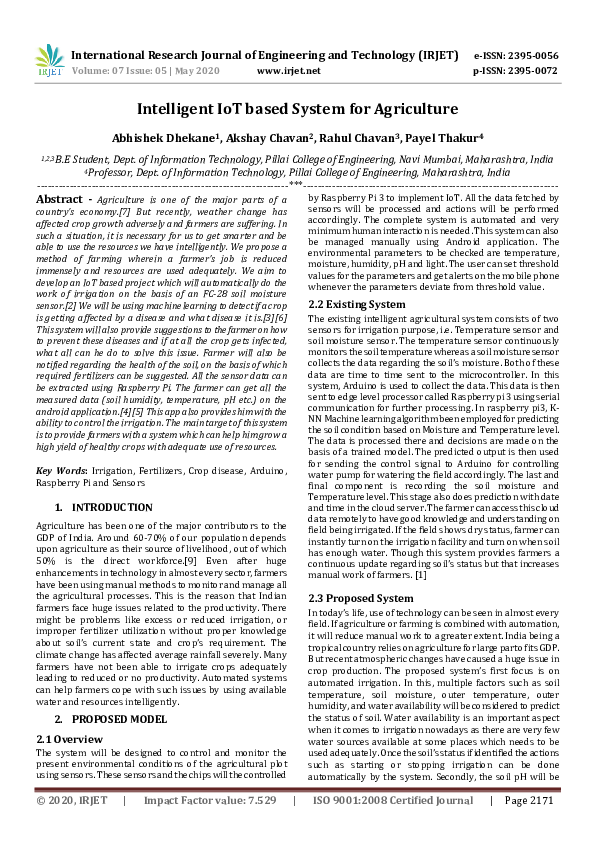 (PDF) IRJET- Intelligent IoT based System for Agriculture (PDF) IRJET- Intelligent IoT based System for Agriculture