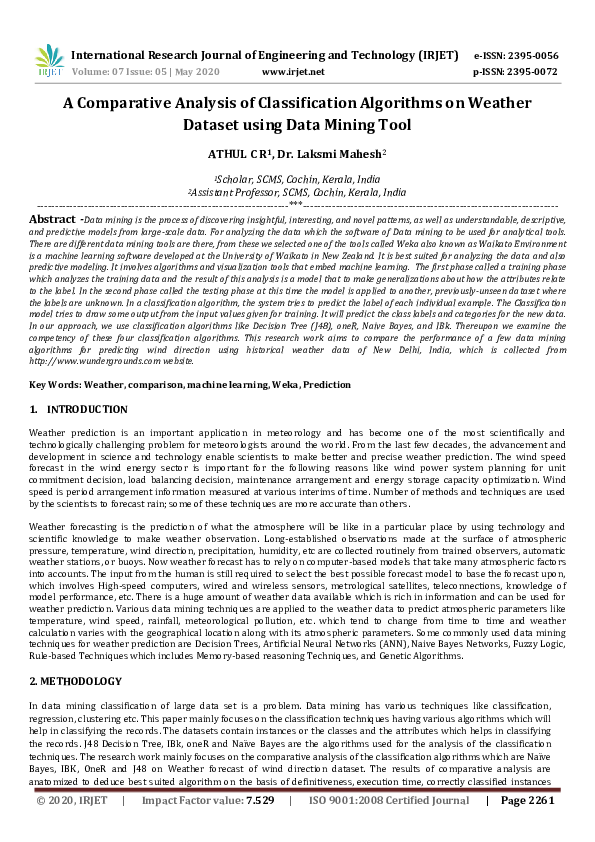 (PDF) IRJET- A Comparative Analysis of Classification Algorithms on Weather Dataset using Data ...