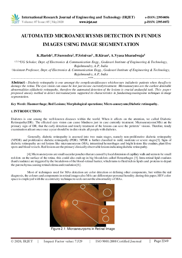 (PDF) IRJET- AUTOMATED MICROANEURYSMS DETECTION IN FUNDUS IMAGES USING IMAGE SEGMENTATION