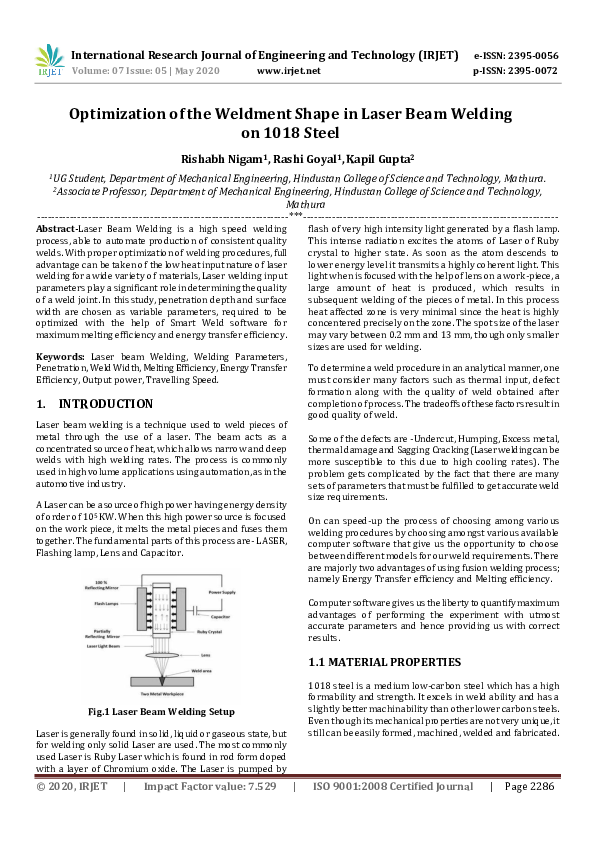 (PDF) IRJET- Optimization of the Weldment Shape in Laser Beam Welding on 1018 Steel