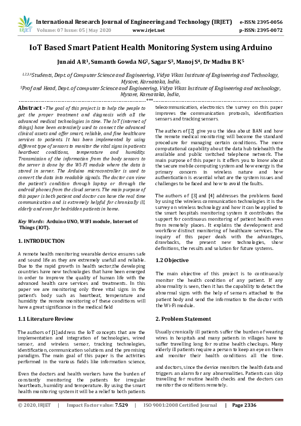 Pdf Irjet Iot Based Smart Patient Health Monitoring System Using Arduino