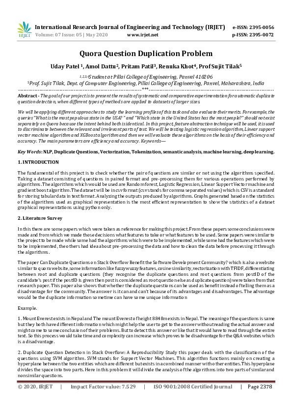 (PDF) Quora Question Duplication Problem | IRJET Journal - Academia.edu