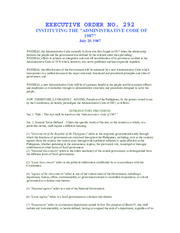 (PDF) EXECUTIVE ORDER NO. 292 INSTITUTING THE "ADMINISTRATIVE CODE OF 1987"