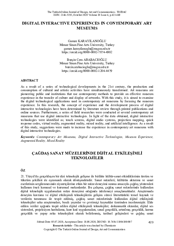 (PDF) DIGITAL INTERACTIVE EXPERIENCES IN CONTEMPORARY ART MUSEUMS