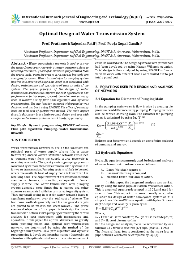 (PDF) IRJET- Optimal Design of Water Transmission System