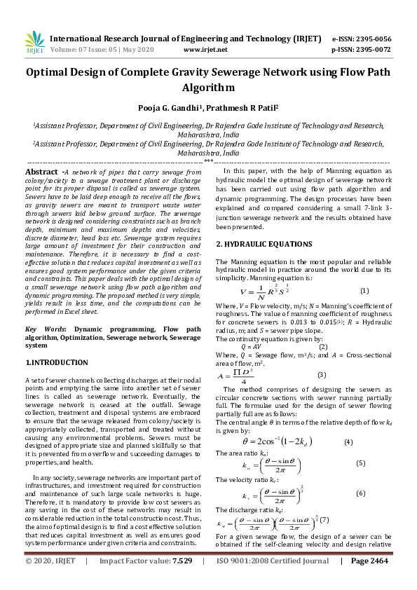Pdf Irjet Optimal Design Of Complete Gravity Sewerage Network Using Flow Path Algorithm