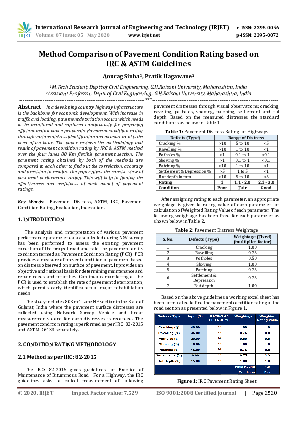 (PDF) IRJET- Method Comparison of Pavement Condition Rating based on ...