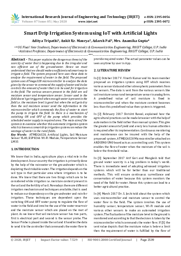 (PDF) Smart Drip Irrigation System using IoT with Artificial Lights