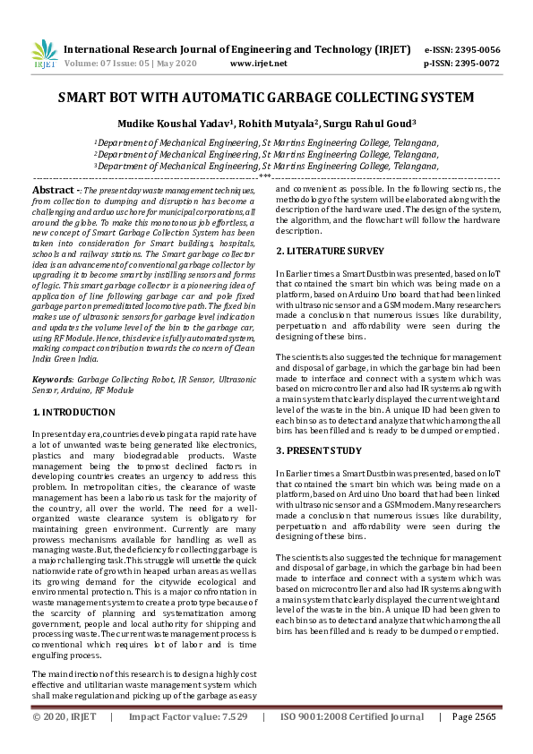 (PDF) SMART BOT WITH AUTOMATIC GARBAGE COLLECTING SYSTEM