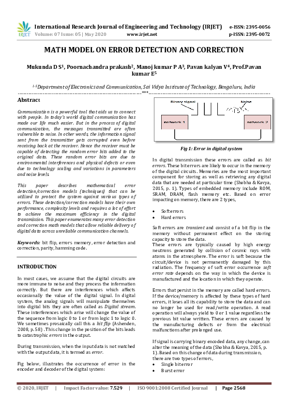 (PDF) IRJET- MATH MODEL ON ERROR DETECTION AND CORRECTION