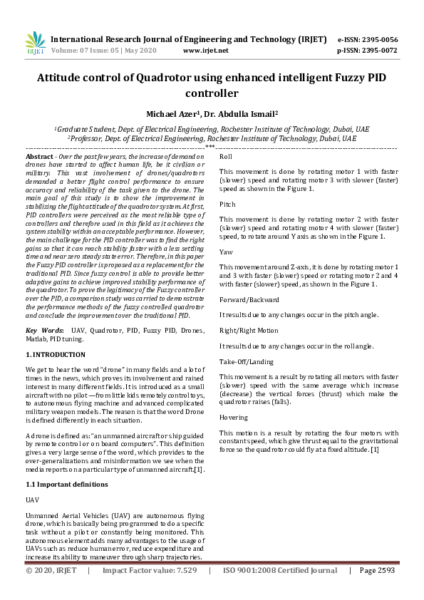 (PDF) IRJET- Attitude control of Quadrotor using enhanced intelligent Fuzzy PID controller