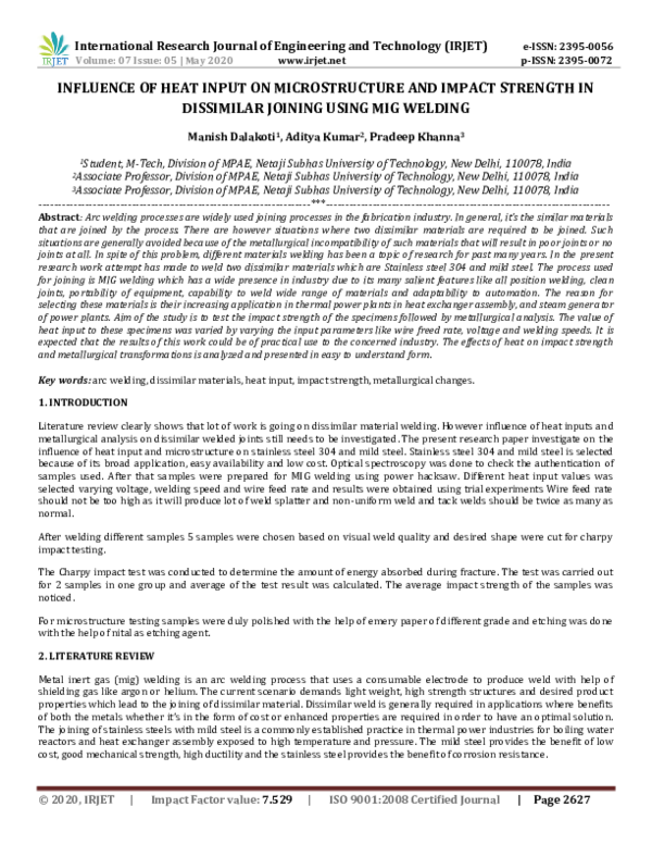 (PDF) IRJET- INFLUENCE OF HEAT INPUT ON MICROSTRUCTURE AND IMPACT STRENGTH IN DISSIMILAR JOINING ...