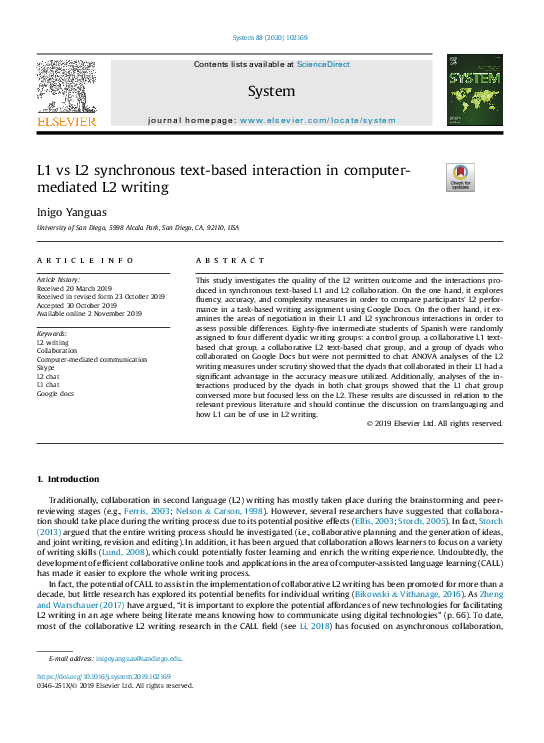 (PDF) L1 vs L2 synchronous text-based interaction in computer- mediated L2 writing