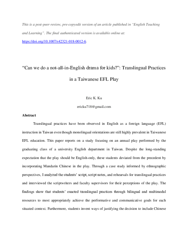 (PDF) “Can We Do a Not-All-in-English Drama for Kids?”: Translingual ...