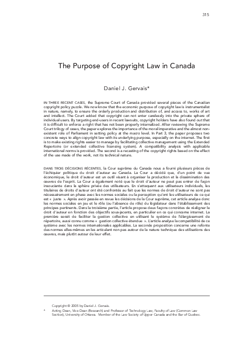 (PDF) The Purpose of Copyright Law in Canada