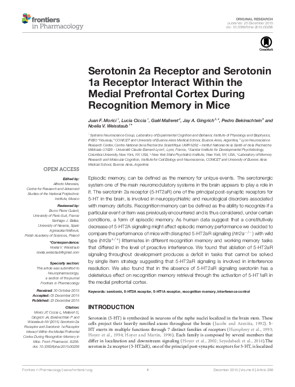 (PDF) Serotonin 2a Receptor and Serotonin 1a Receptor Interact Within ...
