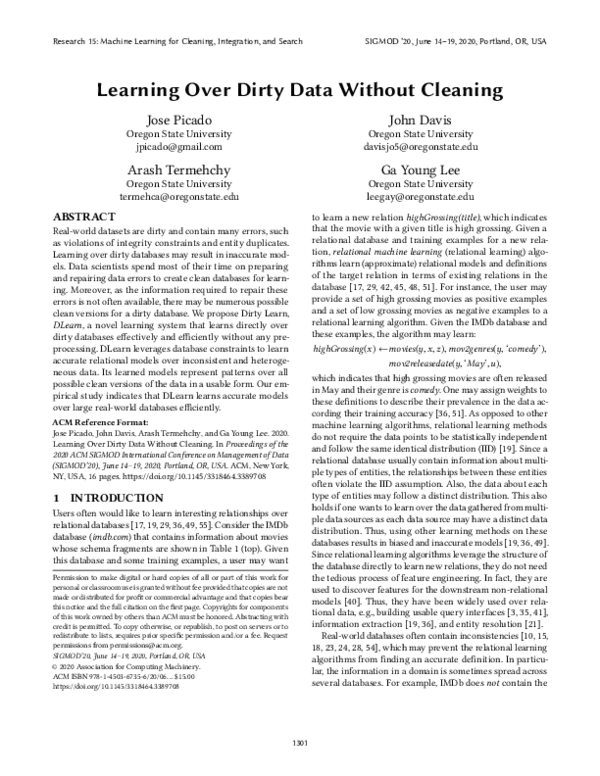 (PDF) Learning Over Dirty Data Without Cleaning
