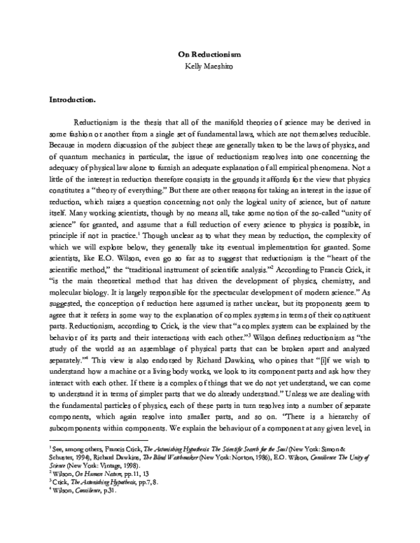 (PDF) On Reductionism (Draft, Philosophy, 53 pp.)