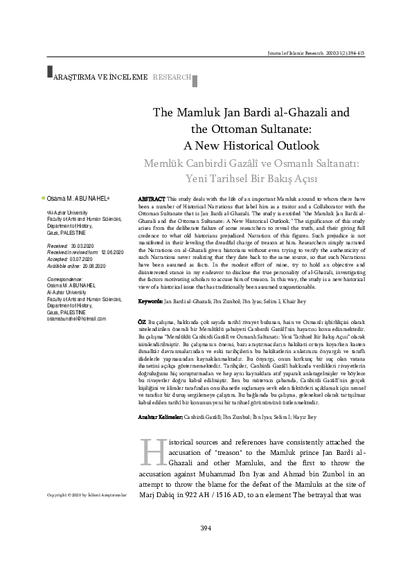 (PDF) The Mamluk Jan Bardi al-Ghazali and The Ottoman Sultanate A New ...