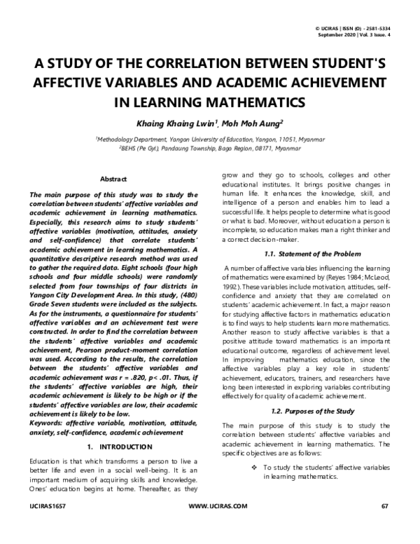 (PDF) A STUDY OF THE CORRELATION BETWEEN STUDENT'S AFFECTIVE VARIABLES ...