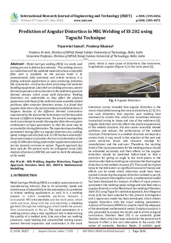 (PDF) IRJET- Prediction of Angular Distortion in MIG Welding of SS 202 using Taguchi Technique