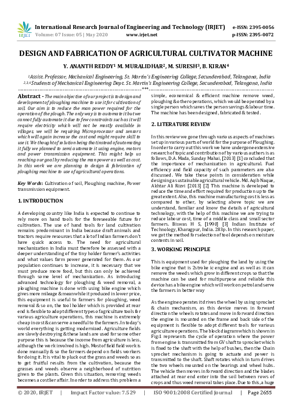 (PDF) IRJET- DESIGN AND FABRICATION OF AGRICULTURAL CULTIVATOR MACHINE