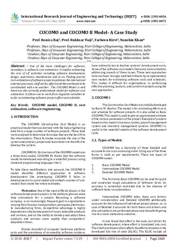 (PDF) IRJET- COCOMO and COCOMO II Model-A Case Study (PDF) IRJET- COCOMO and COCOMO II Model-A Case Study
