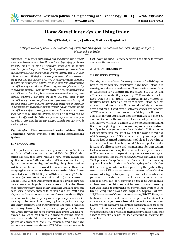 (PDF) IRJET- Home Surveillance System Using Drone