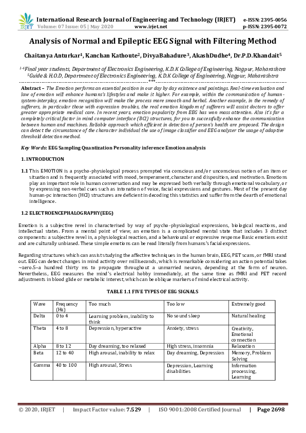 (PDF) IRJET- Analysis of Normal and Epileptic EEG Signal with Filtering Method
